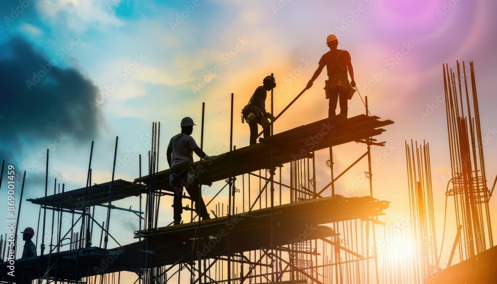 Workers building a circular scaffold structure, surrounded by trees ...