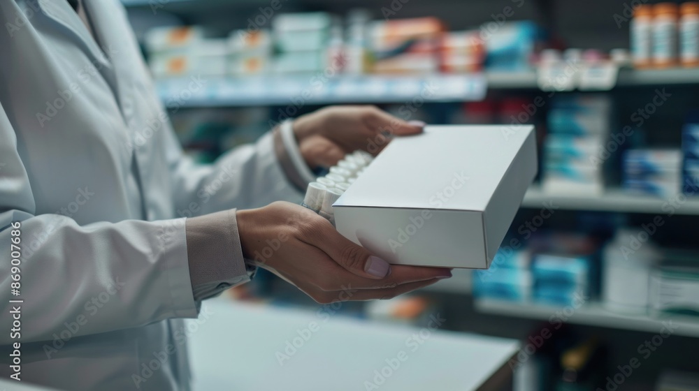 Hands and medicine boxes with documents on medicine shelves, check and ...