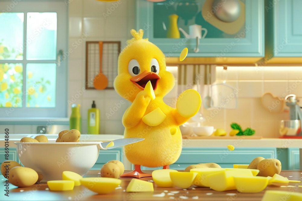 Cute cartoon duck peeling potatoes in the kitchen in 3D render cartoon ...