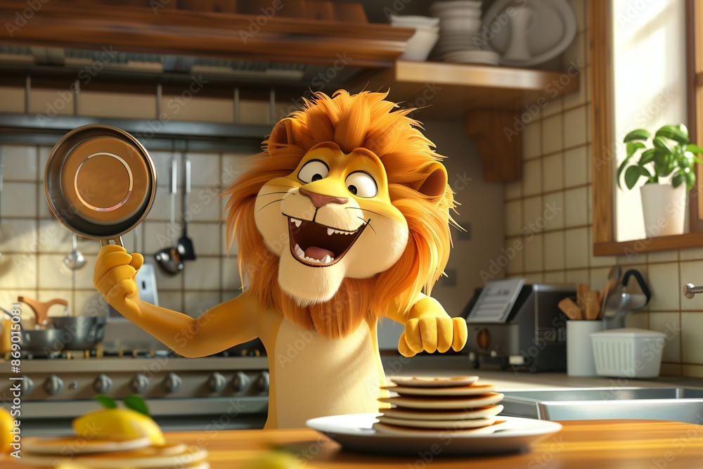Cute cartoon lion flipping pancakes in the kitchen in 3D render cartoon ...