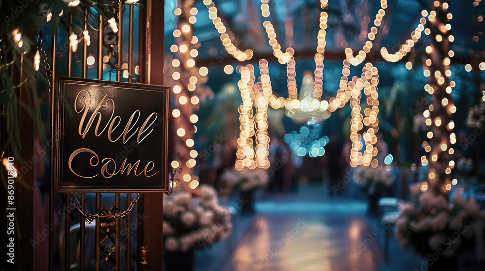 "WELL COME" in silver cursive elegance at the party entrance. Soft ...