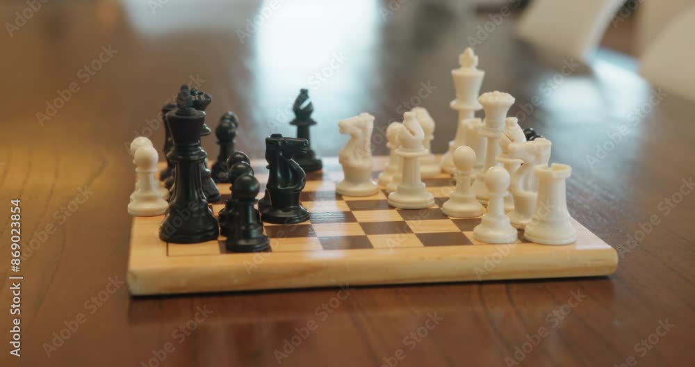 Chessboard, game and desk with interior, home and contest with strategy ...
