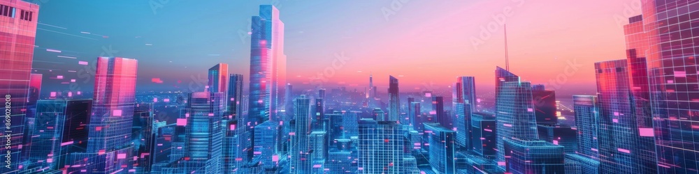Low Angle View of Ultra-High Tower with Blue and Pink Gradient Neon ...