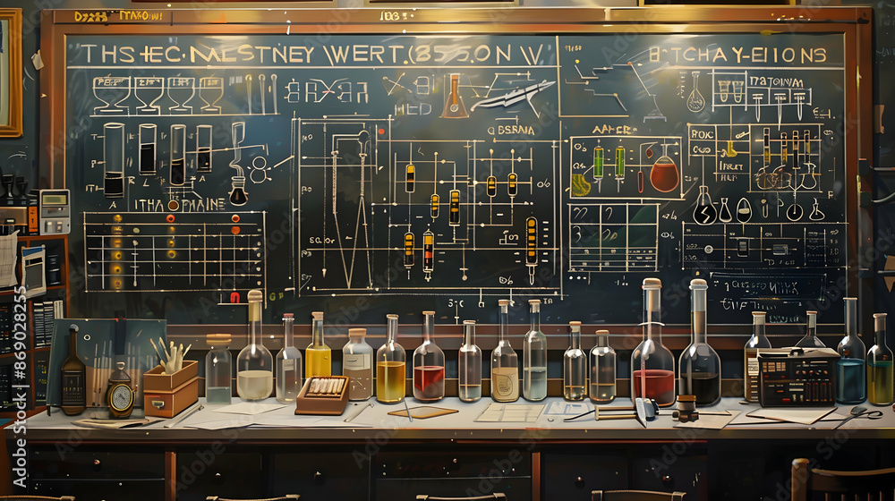 Chemist's Lab Wall: Covered in periodic tables, chemical structure ...