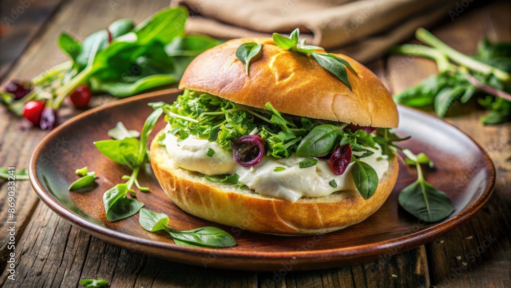 Freshly toasted bread bun overflows with crisp mixed greens, creamy ...