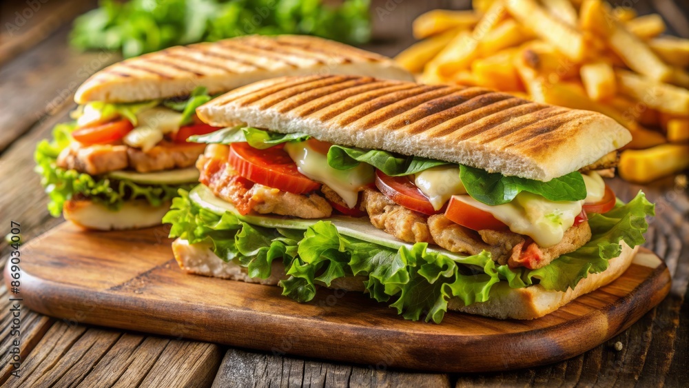 Golden crispy panini sandwich overflowing with juicy chicken shawarma ...