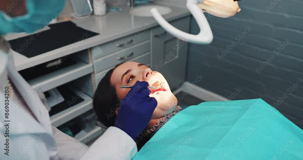 Oral care, woman and dentist with mirror for healthcare, consultation ...