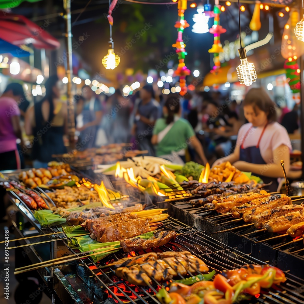 Thai street food vendor, sizzling grill, vibrant night market scene ...