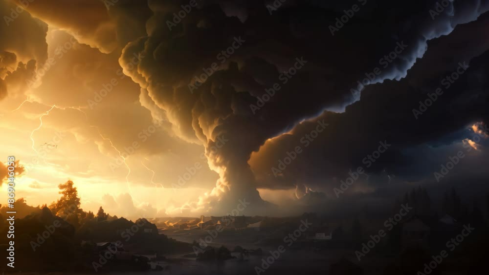 A powerful storm looms over a peaceful rural town, foreshadowing ...