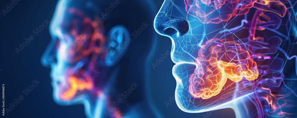Close-up side view of human brain and nervous system in vibrant colors ...
