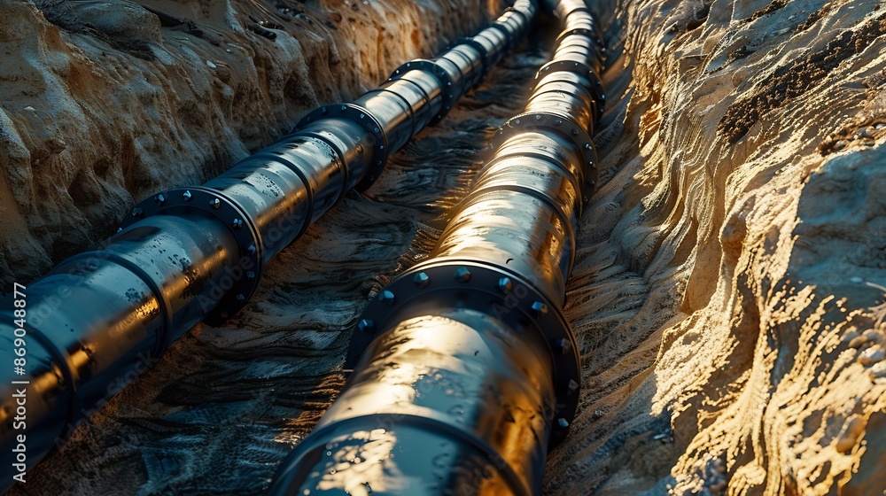 New aquaduct waterline construction of large steel water pipes in deep ...