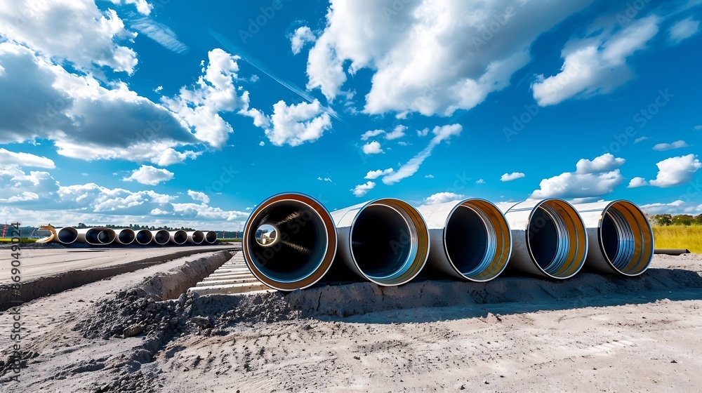 Stack of big frp composite fiberglass plastic sewage pipes at warehouse ...