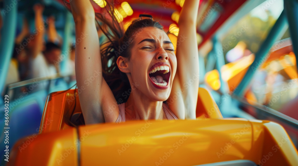 Excited young woman on a roller coaster ride with arms raised and mouth ...