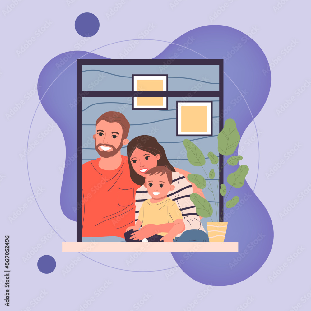 Open window with happy family in apartment vector illustration. Father ...