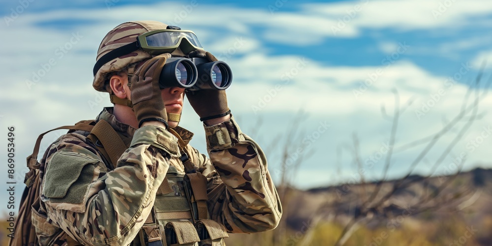 A military officer, dressed in camouflage, uses binoculars to observe ...