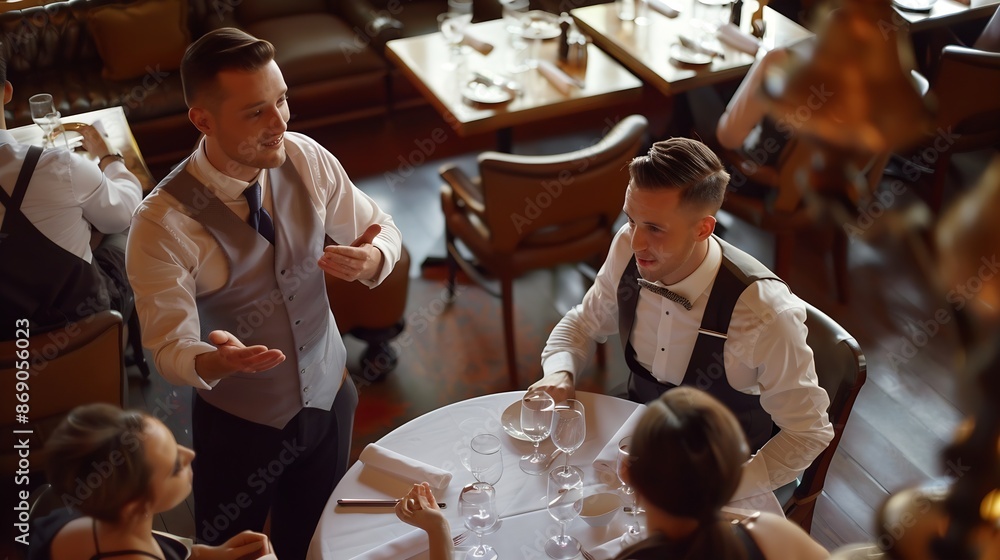 High angle portrait of restaurant manager talking to servers wearing ...
