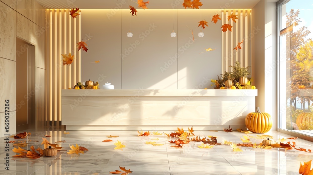 Office lobby with autumn leaves, pumpkins, and a welcoming atmosphere ...