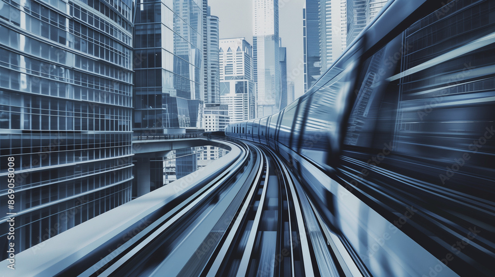 High-speed train on elevated urban track, with futuristic architecture ...