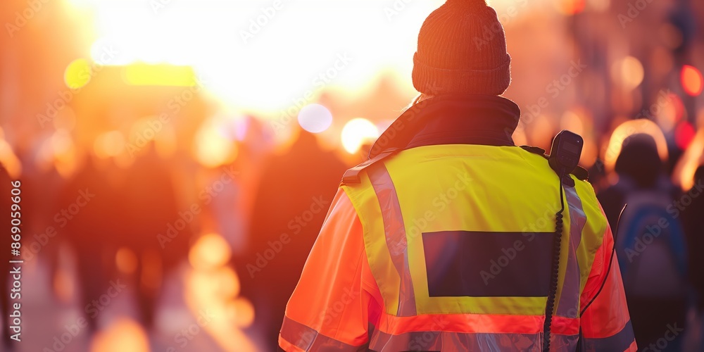 A traffic cop in a high-visibility jacket directing pedestrians in a ...