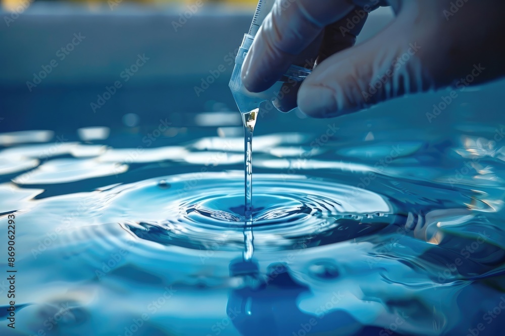 Electronic water testing hand over blurred blue water background, water ...