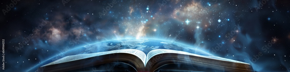 Concept Art of God's Word with an Open Bible Above Earth, Ethereal ...