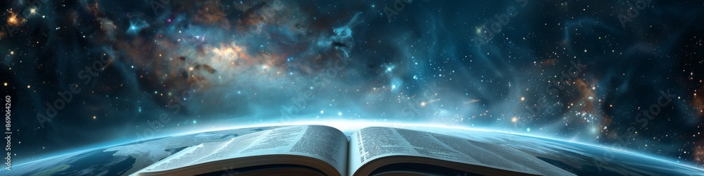 Concept Art of God's Word with an Open Bible Above Earth, Ethereal ...