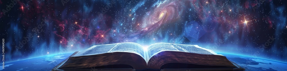 Concept Art of God's Word with an Open Bible Above Earth, Ethereal ...