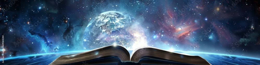 Concept Art of God's Word with an Open Bible Above Earth, Ethereal ...