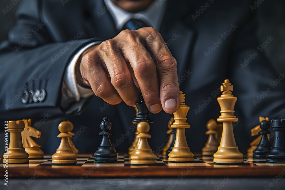 Close-up of a businessman's hand arranging chess pieces., clean ...