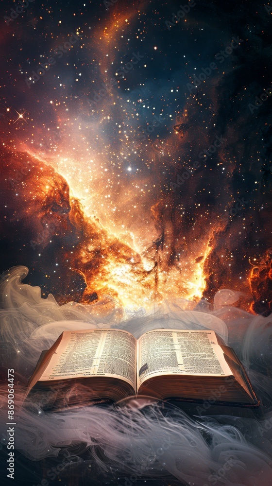Concept Art of God's Word with an Open Bible Above Earth, Ethereal ...
