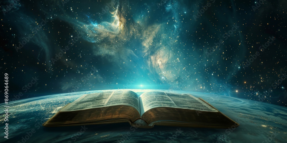 Concept Art of God's Word with an Open Bible Above Earth, Ethereal ...