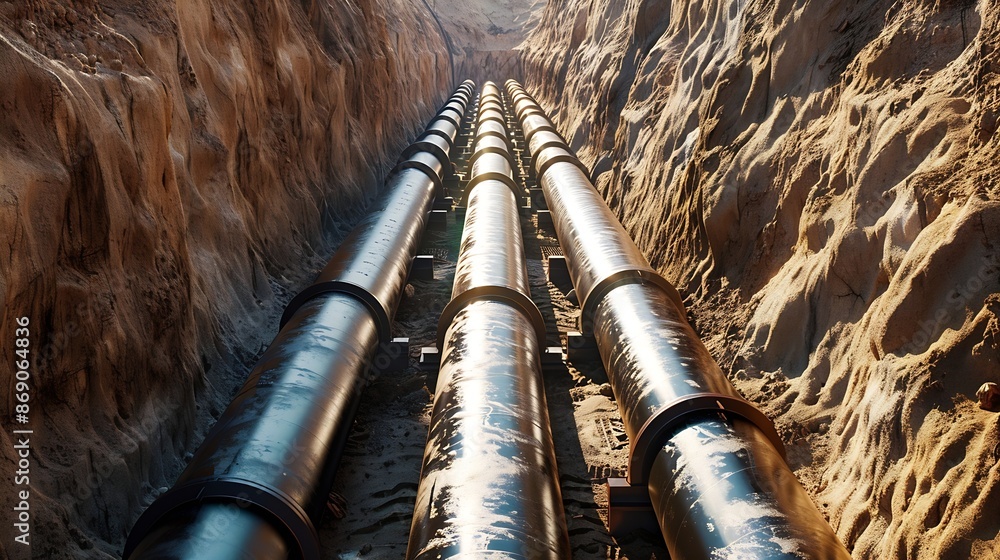 New aquaduct waterline construction of large steel water pipes in deep ...