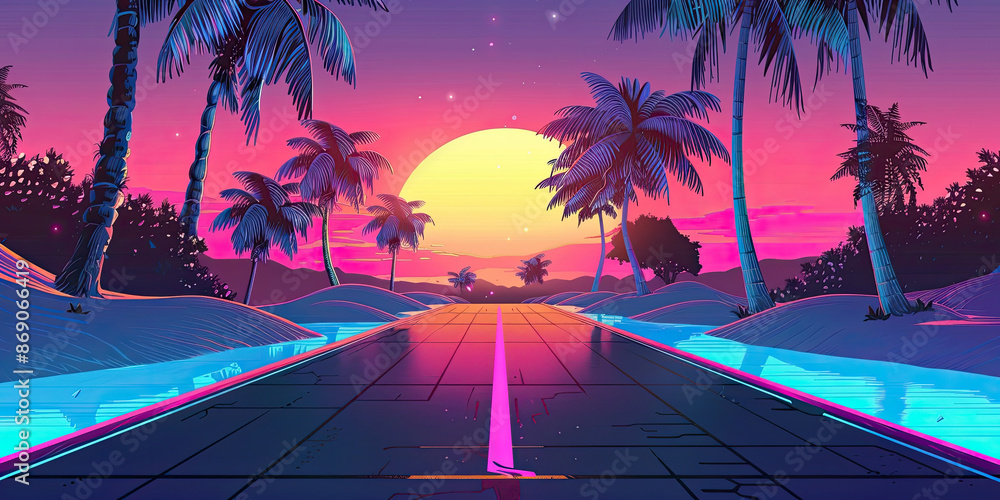 Vintage retro video game style computer graphics landscape background ...