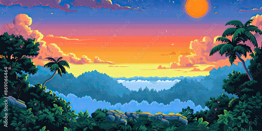 Vintage retro video game style computer graphics landscape background ...
