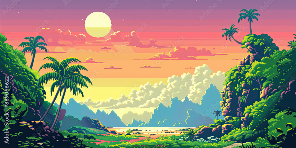 Vintage retro video game style computer graphics landscape background ...