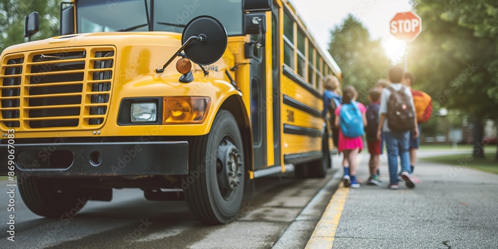 Children with backpacks are boarding a large yellow school bus, halted ...