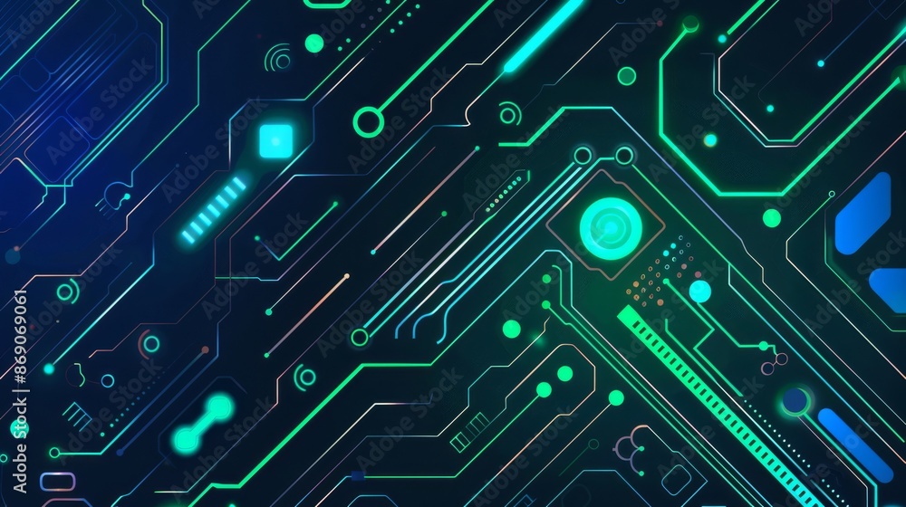 2d flat UI design, noen green an blue gradient colored circuits lines ...