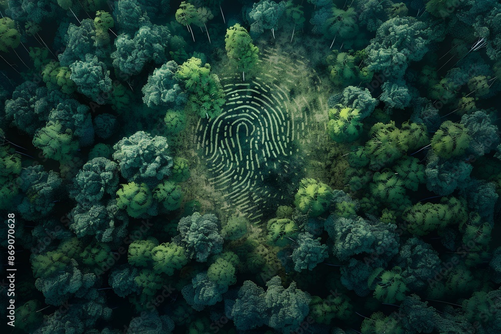 A hideous giant human fingerprint in the middle of a forest, shown from ...