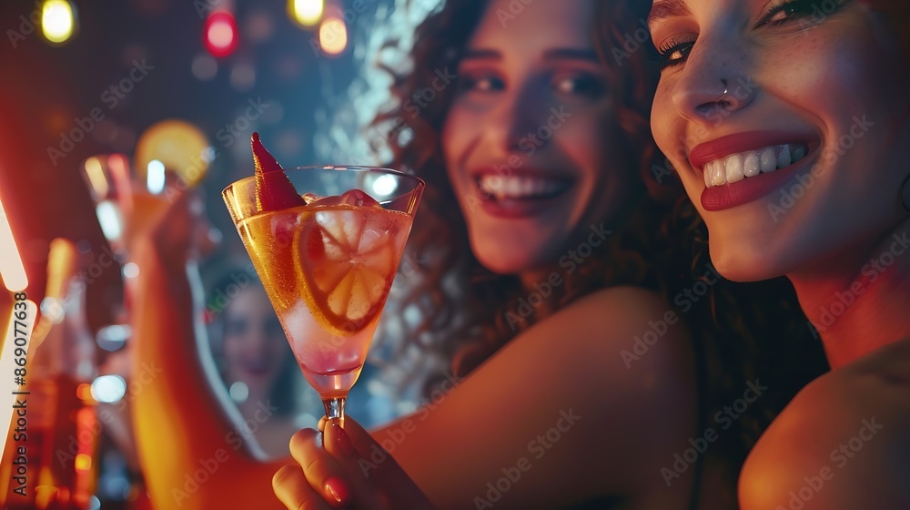 Party nightclub and portrait of women with cocktail for cheers toast ...