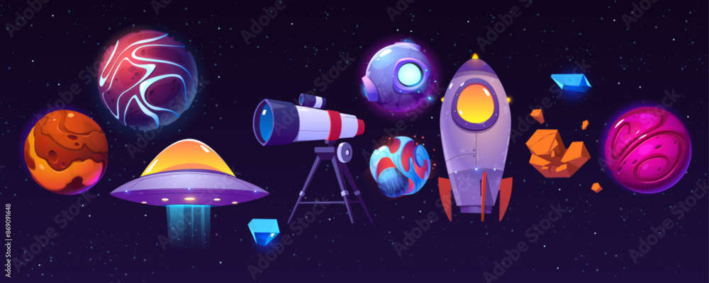 Cartoon space elements set with neon glow effect - alien planets and ...