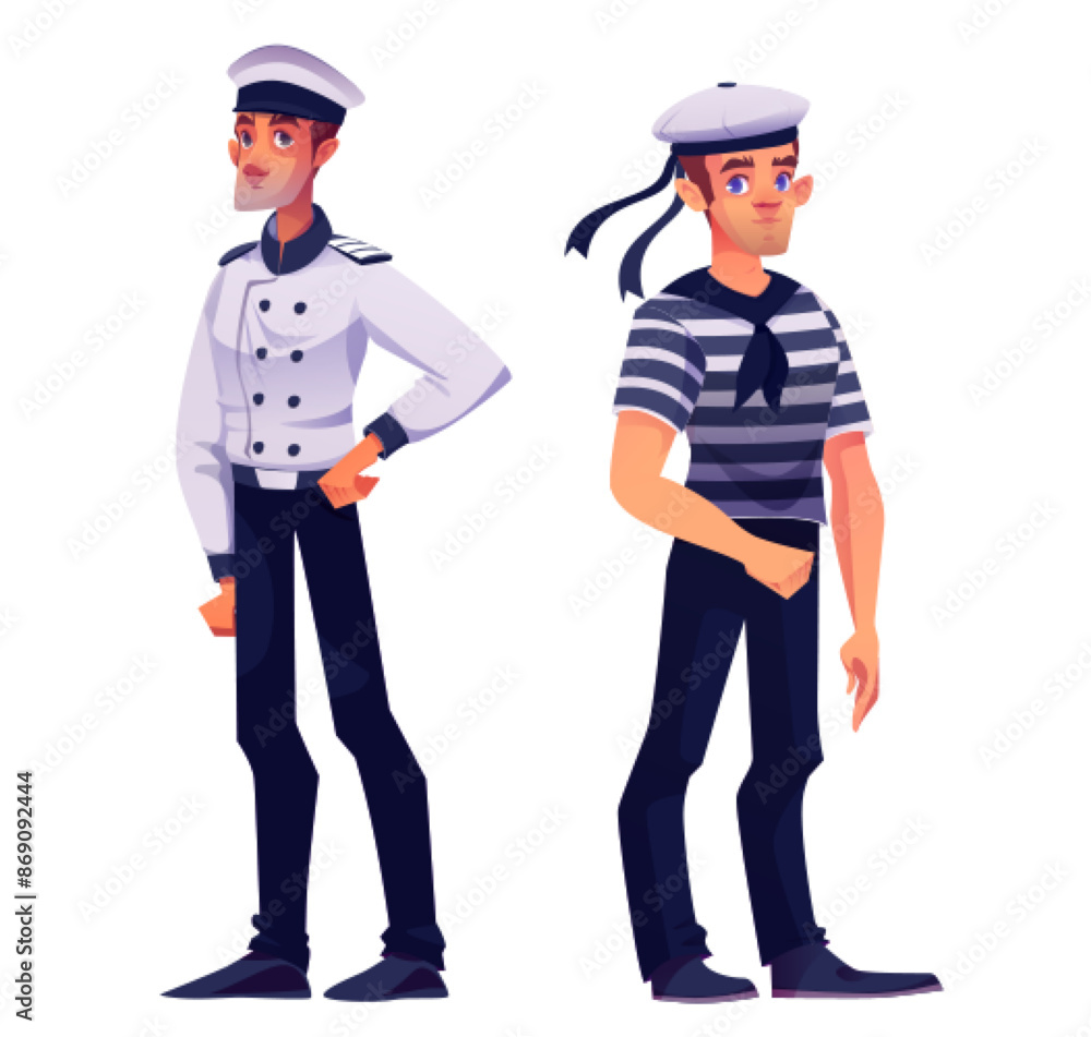 Ship captain and sailor man in white and blue stripped uniform and hat ...