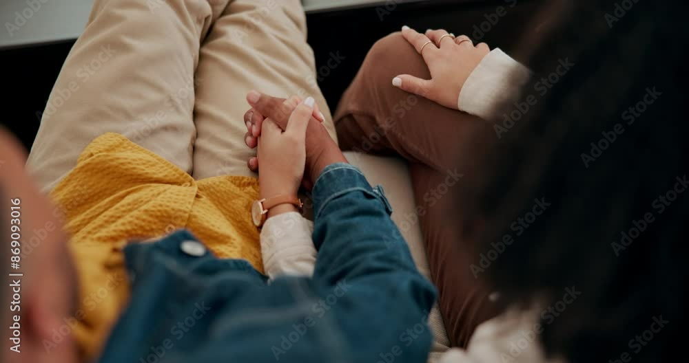 Couple, holding hands and relax with sofa above for love, care or ...