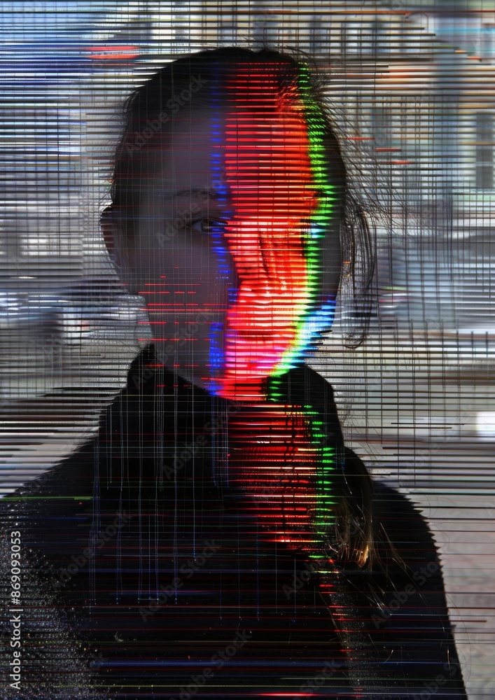 This image depicts a person with an artistic glitch effect using ...