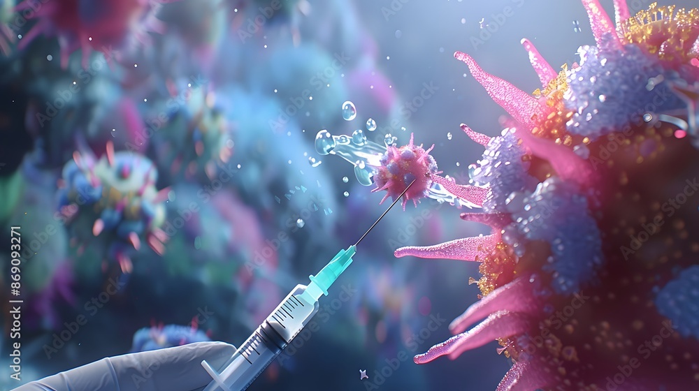 Close-up photograph of a 3D character injecting a vaccine into a virus ...