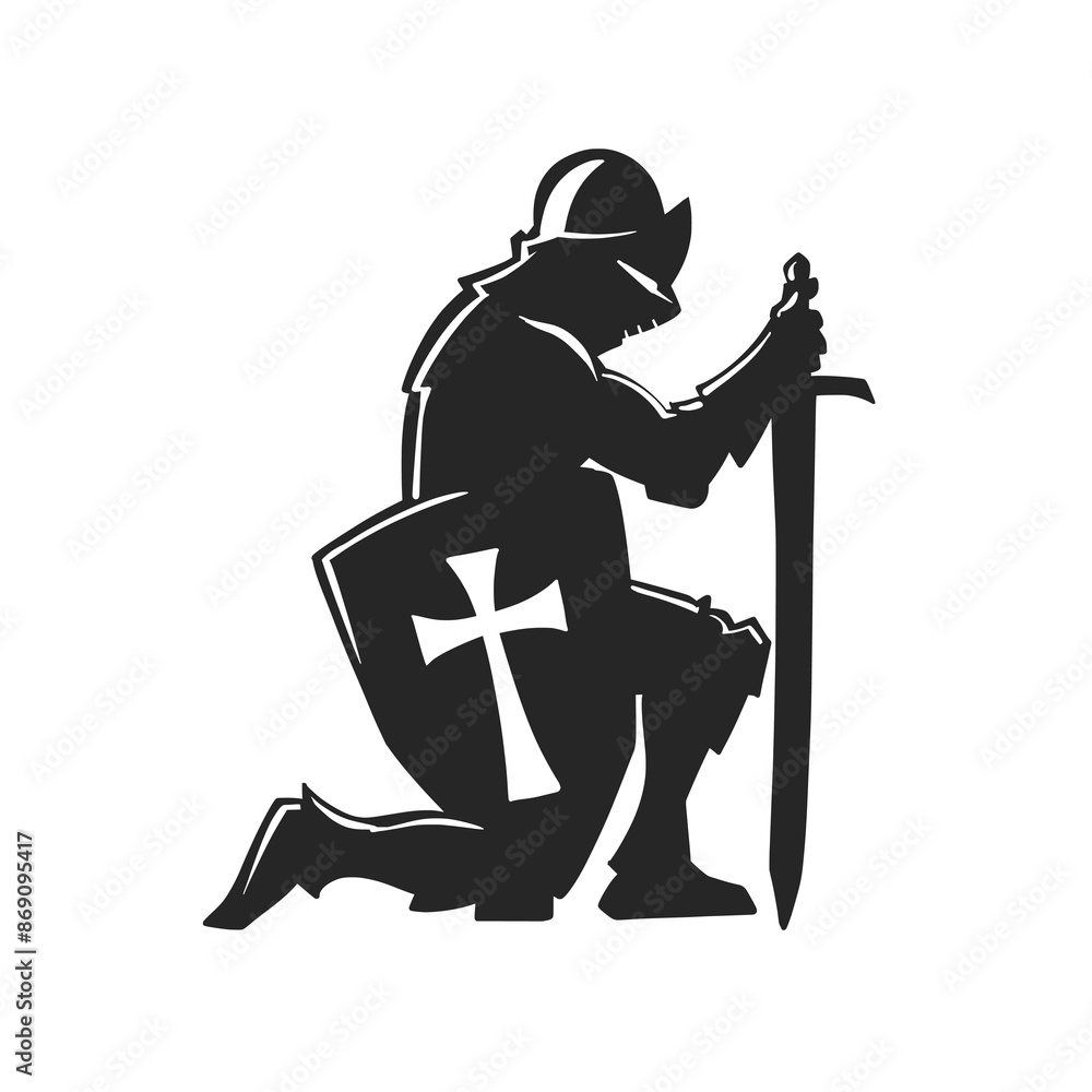 Vector cartoon of a medieval knight silhouette kneeling with shield and ...