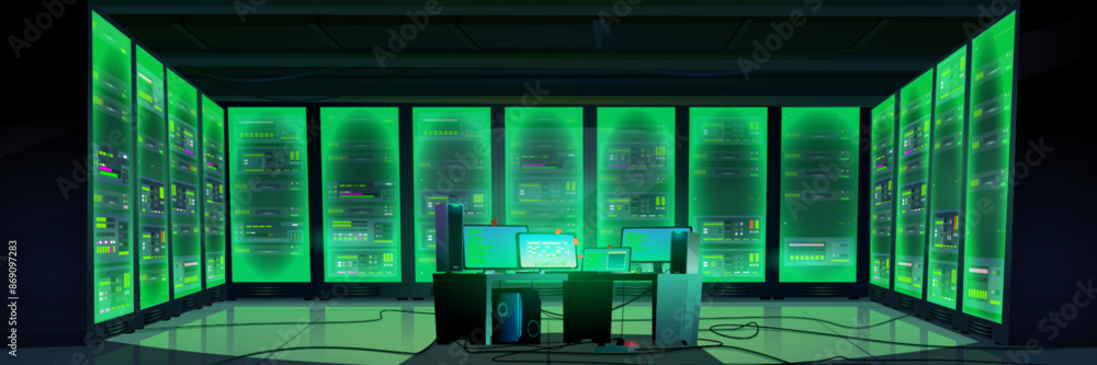Data center interior with green glow supercomputer and control panel in center. Cartoon vector ...