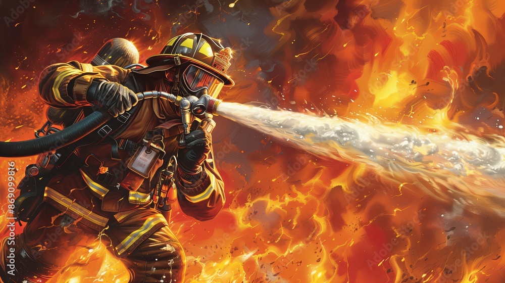 Firefighter with smoke rescue. Burn hero in protection. Dangerous ...