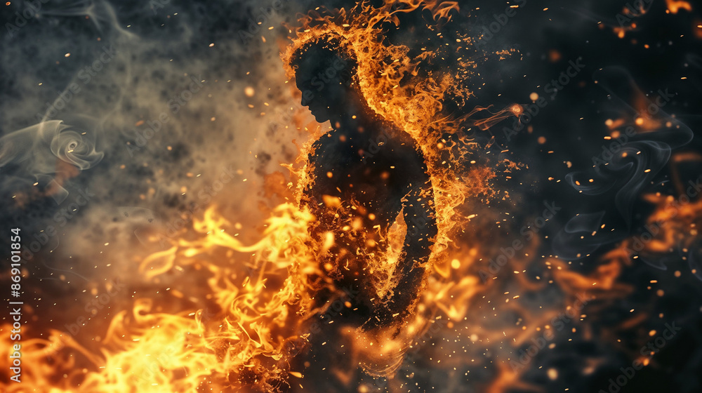 Silhouette of human figure engulfed in flames. Fiery outline against ...