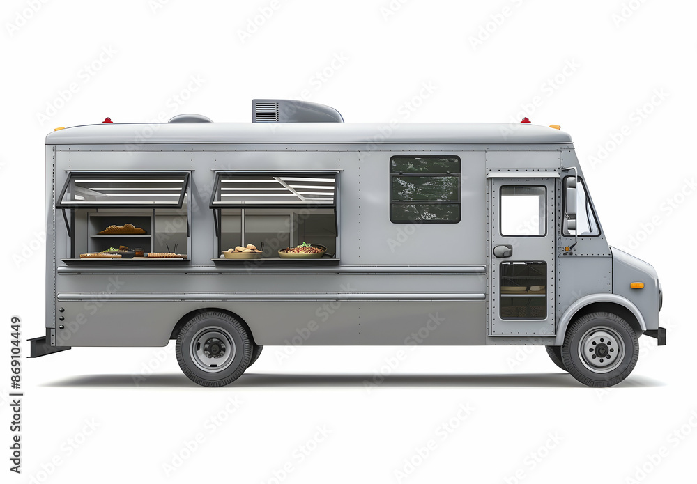 Grey Food Truck with Display of Bakery Goods - Mobile Bakery Vehicle ...