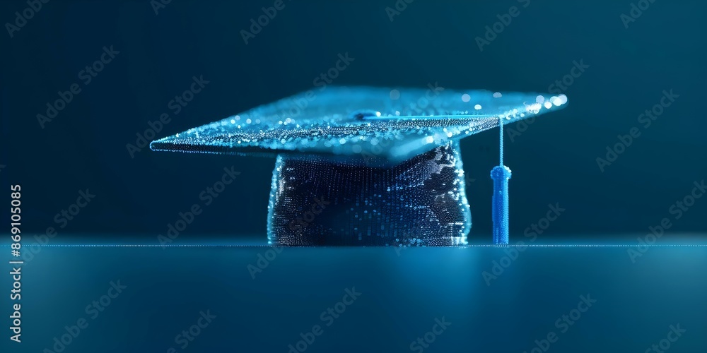 Digital low poly wireframe graduation hat on blue background symbolizes ...